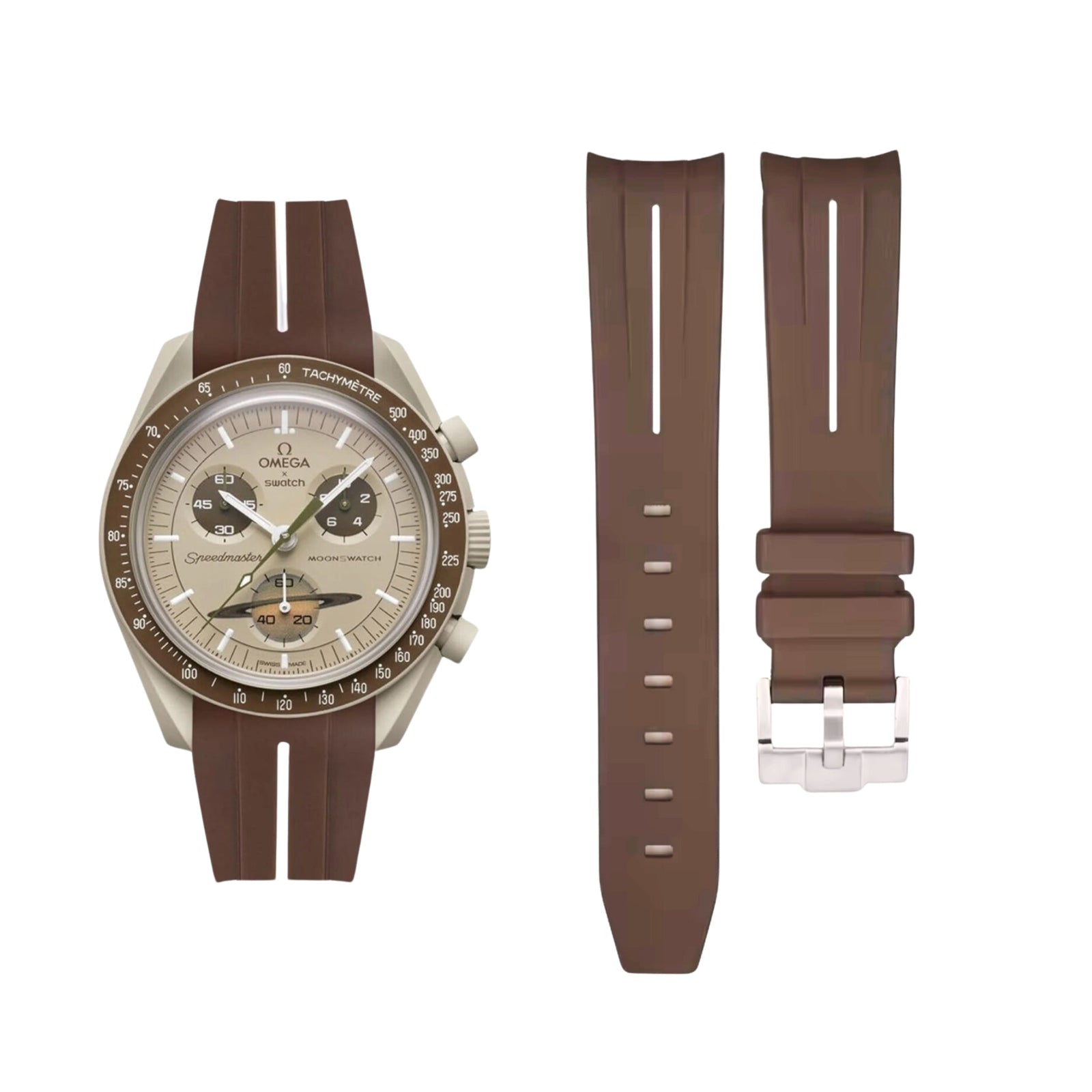 Strap for Mission to Saturn Moonswatch in Brown w/White Line - Helvetus ...